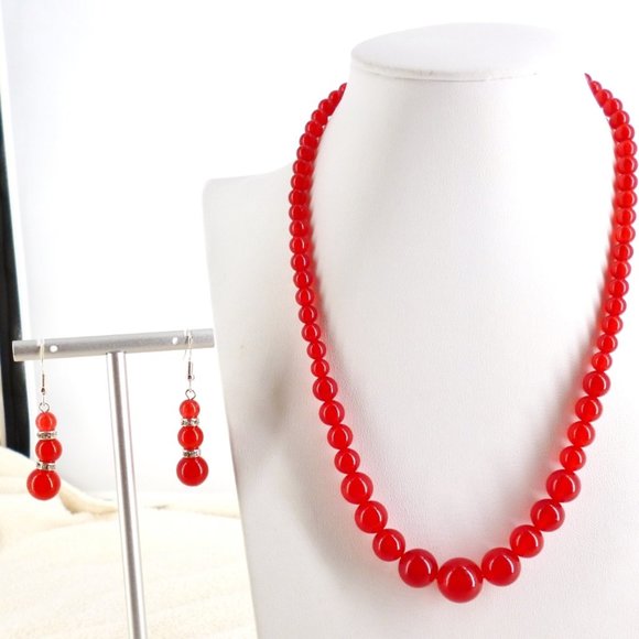 Jewelry | Bright Red Necklace Earring Set 925 Hooks Glass Beads Crystal ...